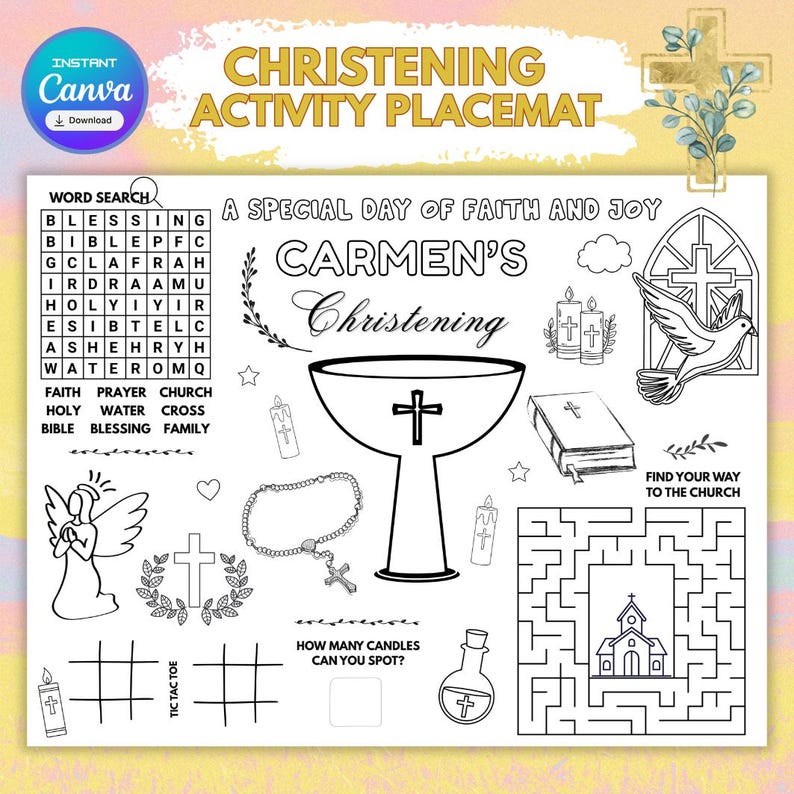 Baptism Activity Worksheet for Kids | Placemat Page for Christening ...