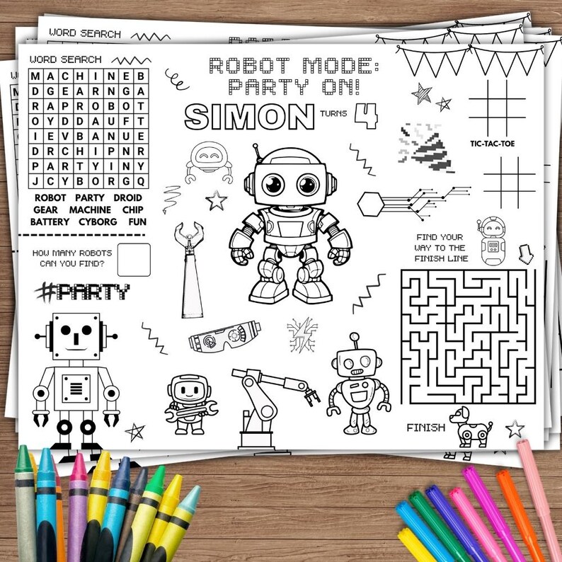Personalized Robot Party Placemat: Coloring Page Activity (digital ...