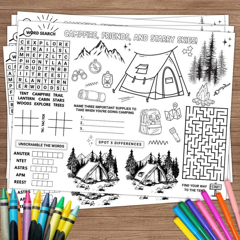 Camping Themed Activity Coloring Placemat for Kids | Personalized ...