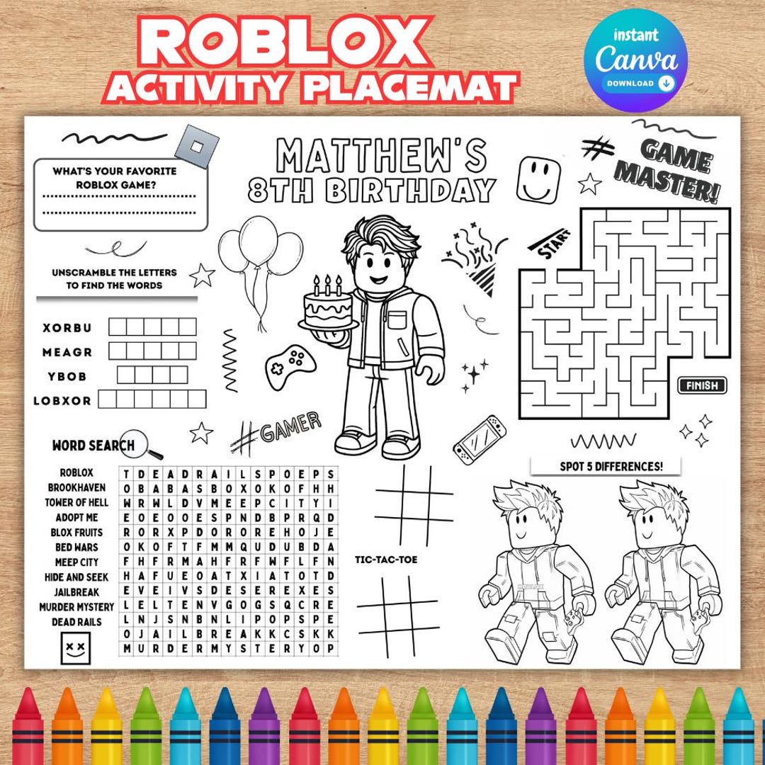 Personalized Blocky Avatar Coloring Pages Birthday Coloring Placemat ...