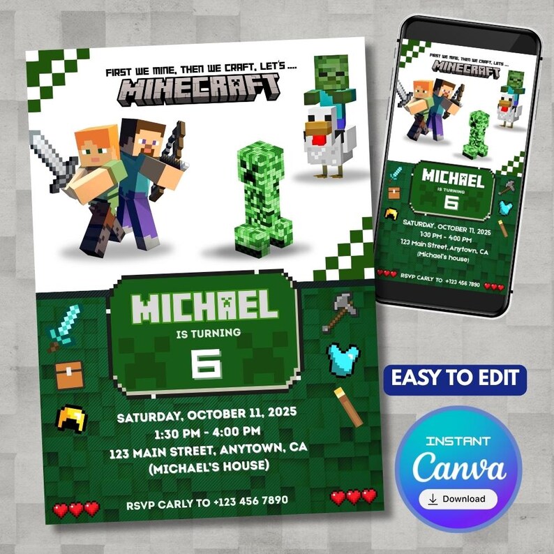 Minecraft Invitation | Minecrafter Birthday Invitation | Editable ...