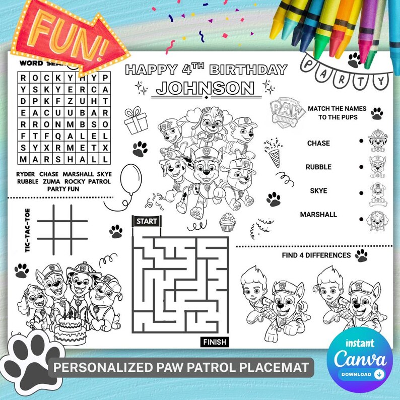 Personalized Paw Patroler Activity Placemat Sheet | Kids Editable ...