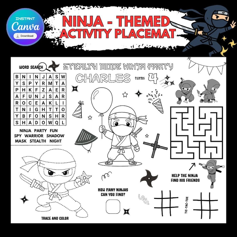 Ninja Party Activity Placemat | Game Page for Kids Party - Etsy UK