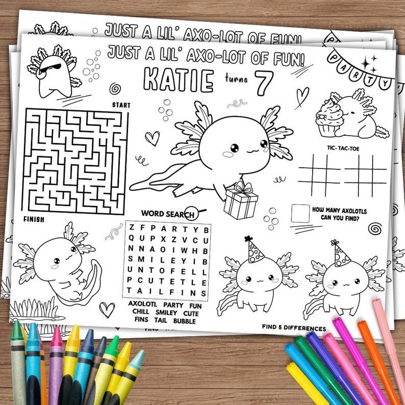 Axolotl Birthday Party Placemat: Kids Activity Sheet (digital Download ...
