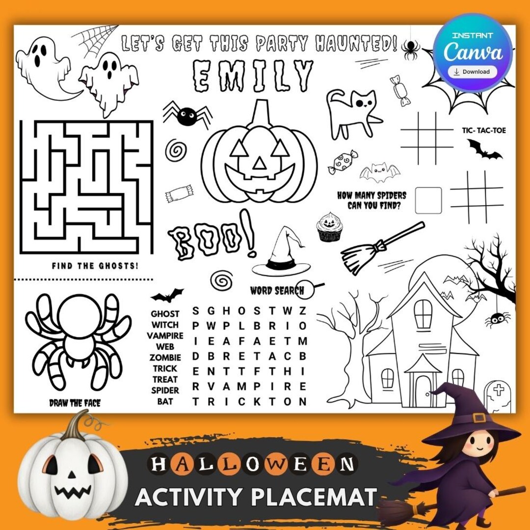 Halloween Activity Coloring Sheet for Kids Party | Editable Placemat ...