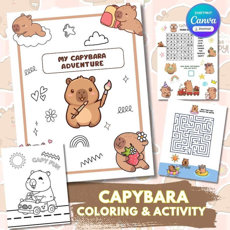 Capybara Activity Pages for Kids | Printable Coloring Book | Digital ...