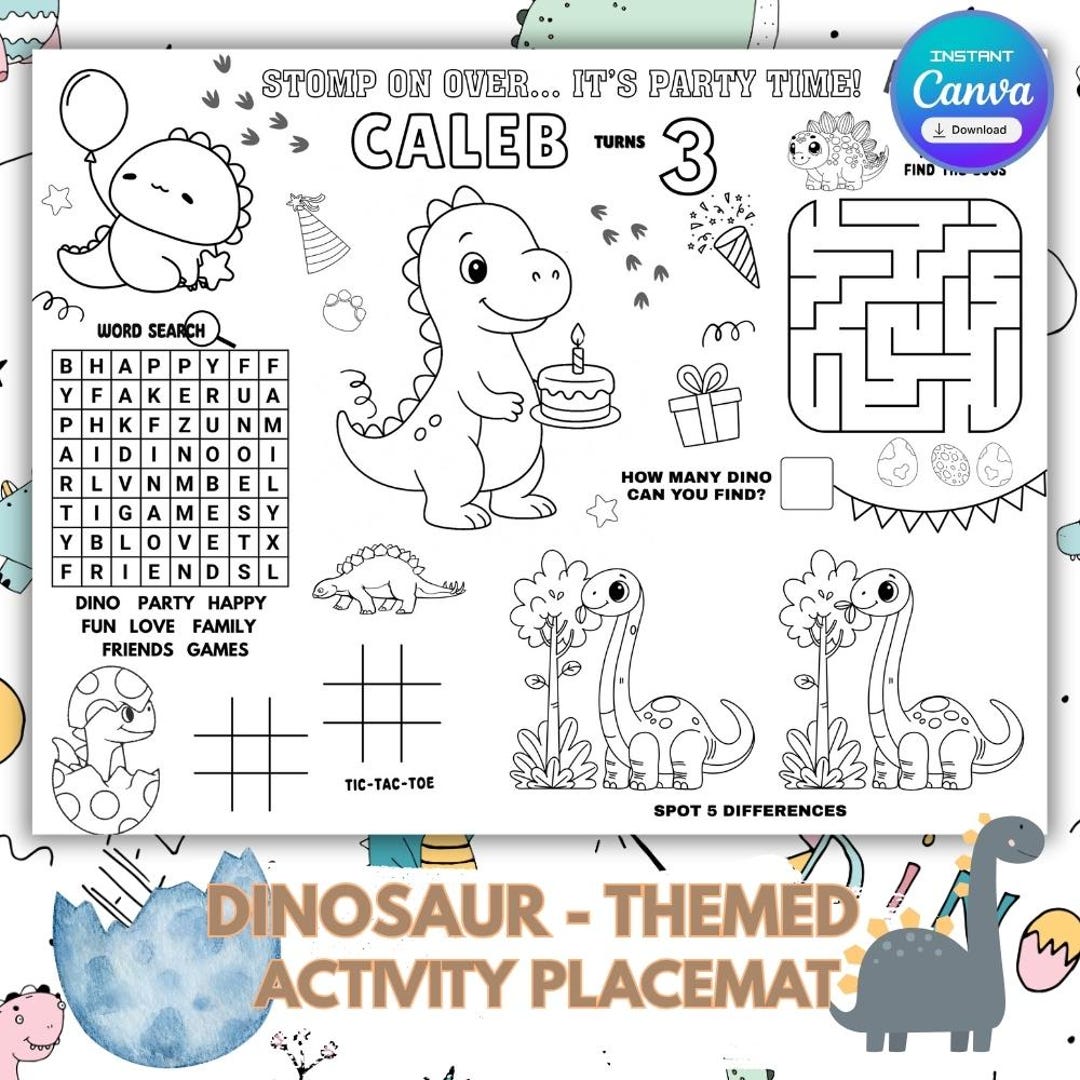 Dino Placemat Activity Sheet: Editable Dinosaur - Themed Party Games ...