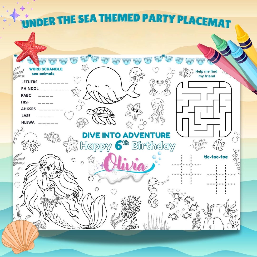 Personalized Mermaid Printable Placemat | Editable Mermaid Themed ...
