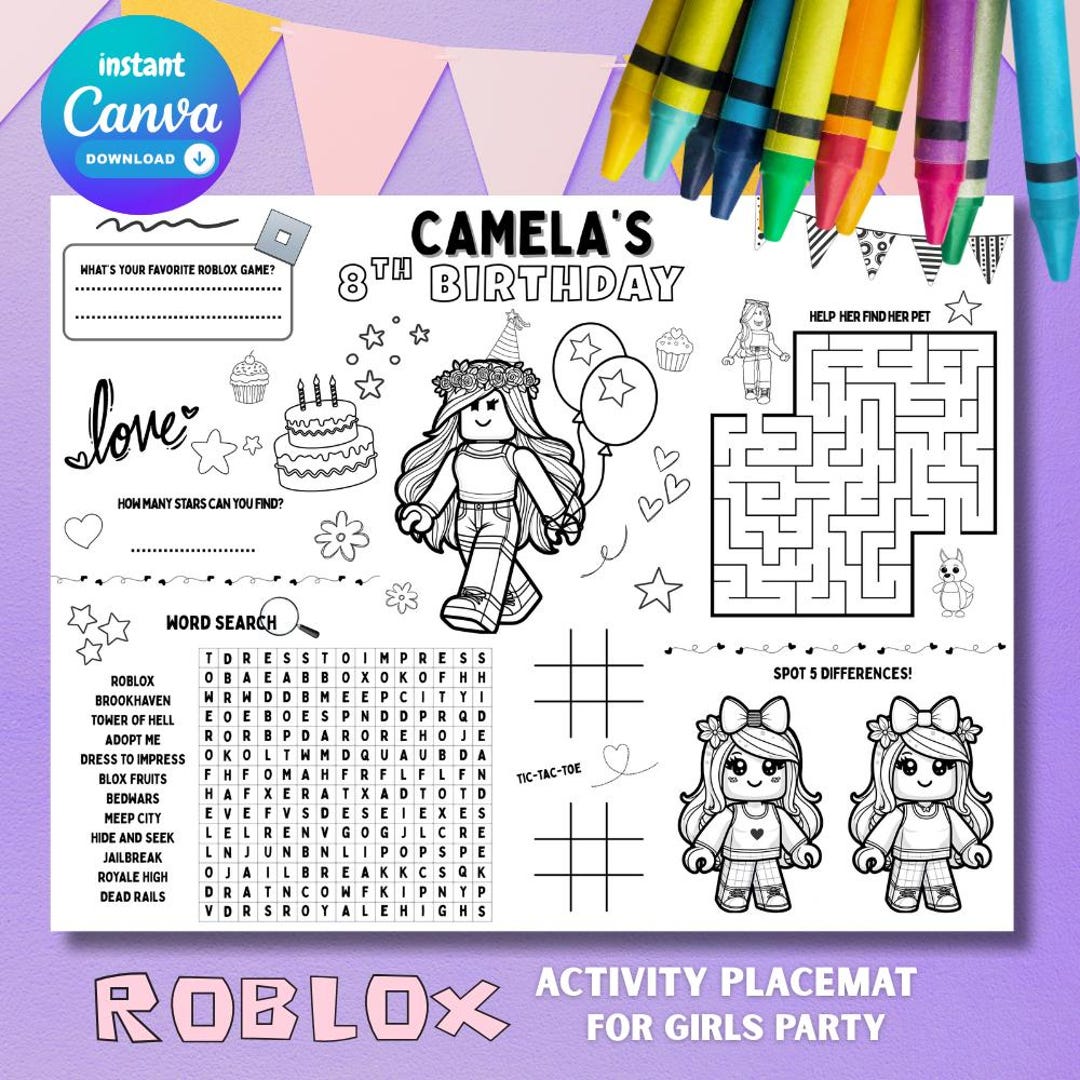 Personalized Roblox Girl Birthday Party Activity Placemat | Roblox ...