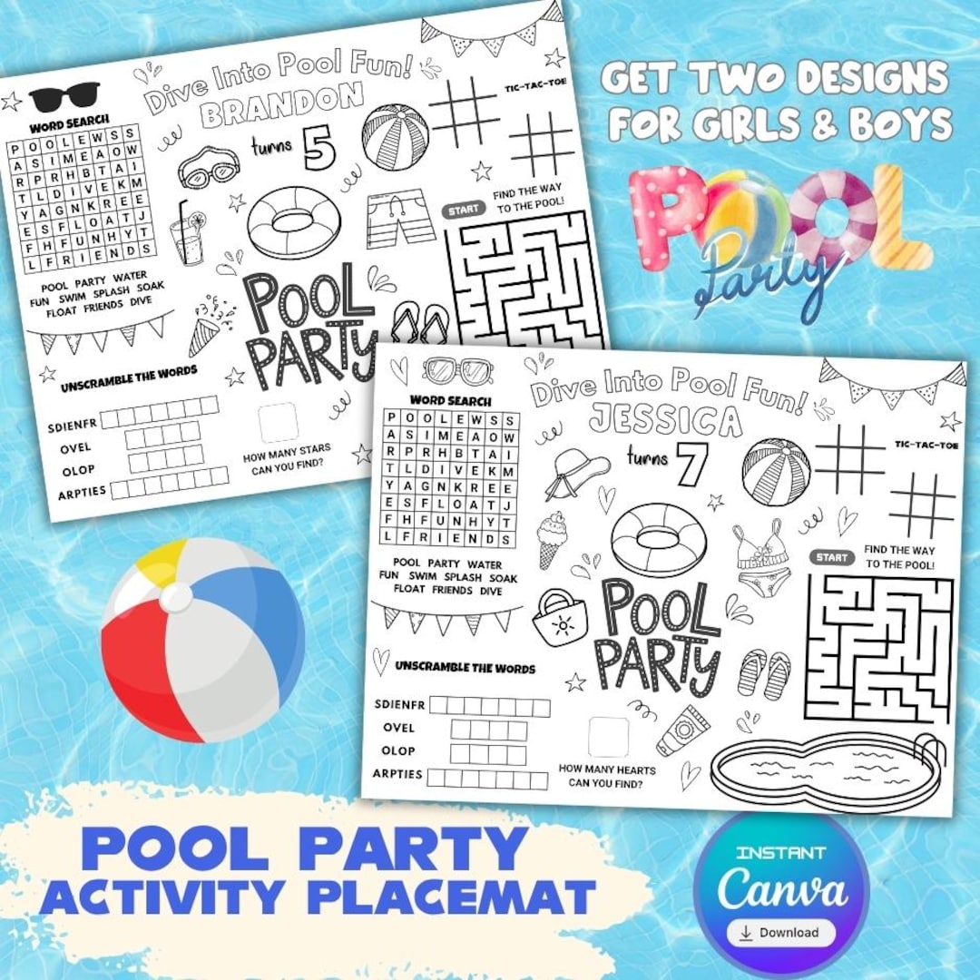 Pool Party Activity Placemat | Pool Birthday Page Sheet | Pool Party ...