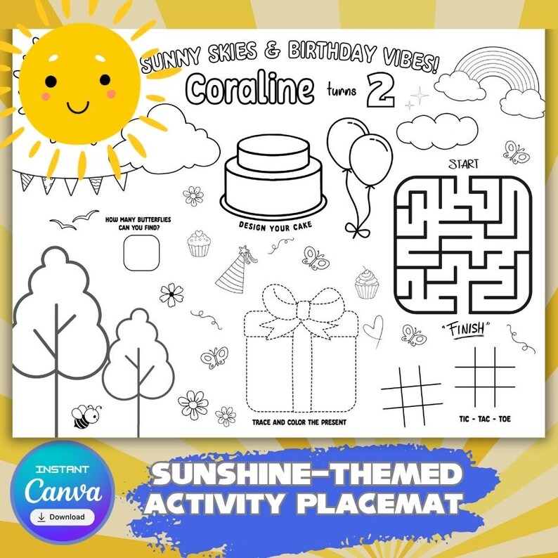 Sunshine-themed Birthday Party Activity Coloring Placemat Page | You ...