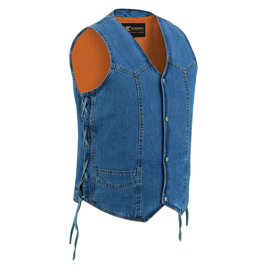 MC GEAR SUPPLY Blue Denim Biker Vest for Men – Side Laces & Concealed ...