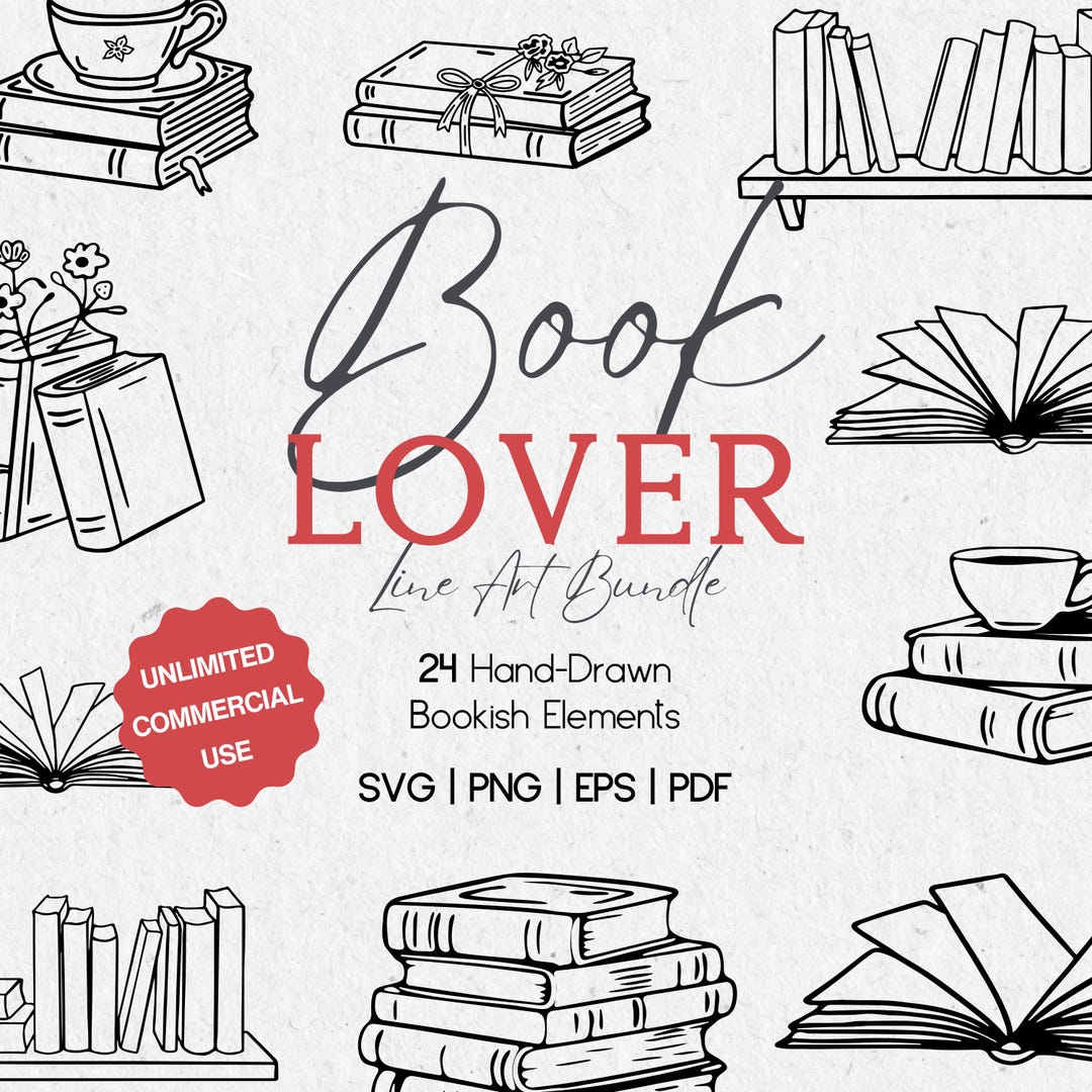 Book Lover Line Art Bundle | Wedding Invitation Clipart | Bookish SVG ...