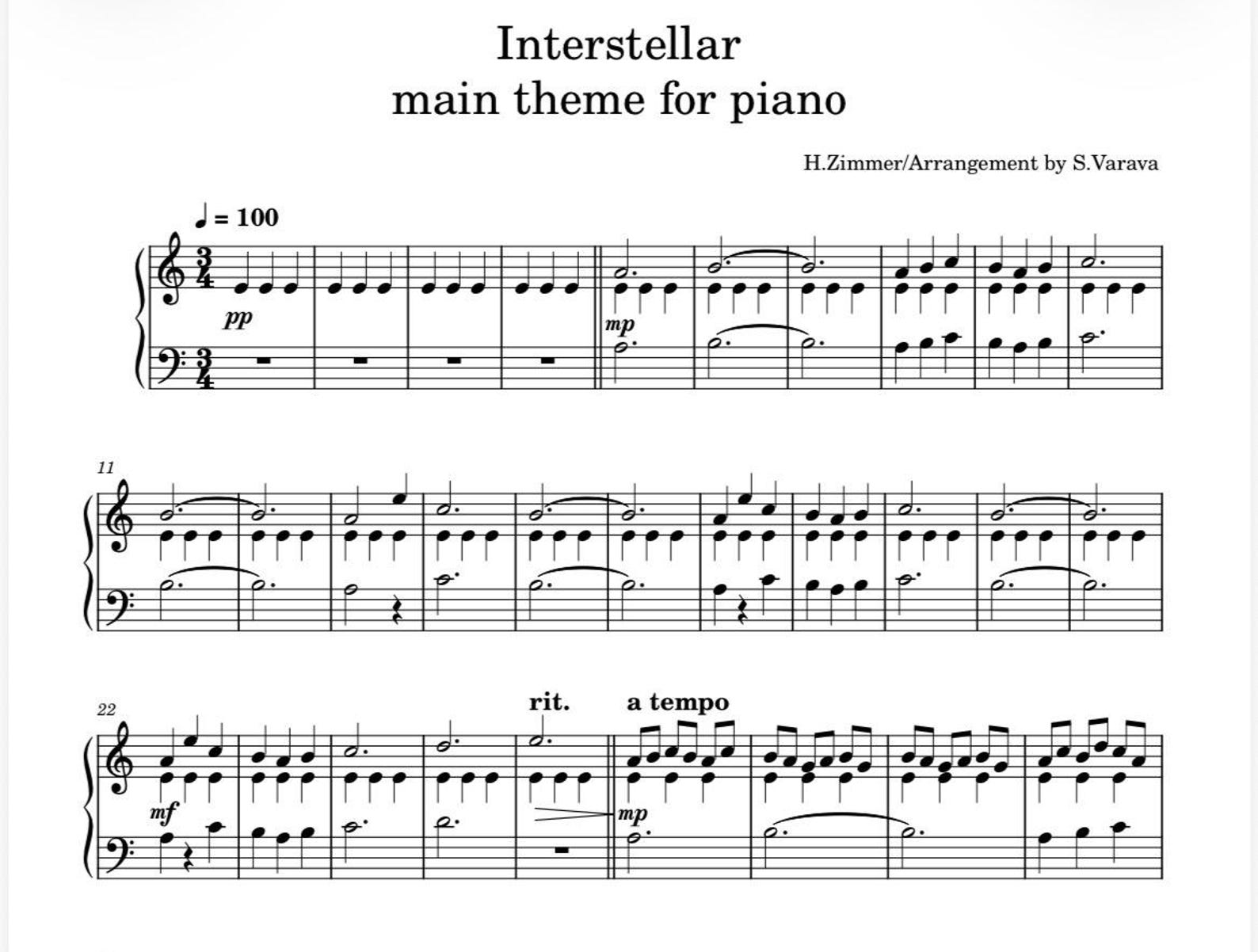 Interstellar ( the Main Theme )- H.zimmer PDF+MP3 Piano Sheet Music ...