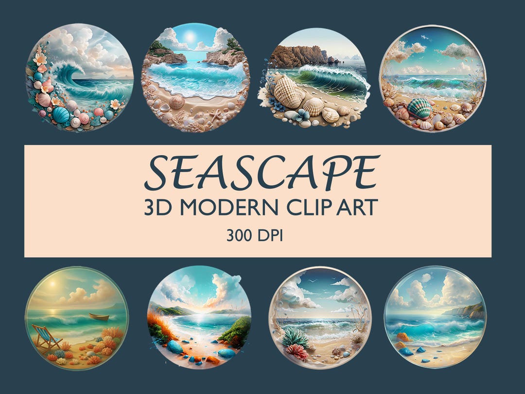 Seascape Clip Art: Ocean Waves, Shells, Sunsets (PNG Instant Download ...