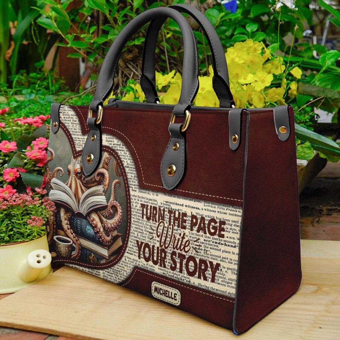 Personalized PU Leather Handbag for Book Lovers, Turn the Page Write ...