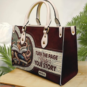 Personalized PU Leather Handbag for Book Lovers, Turn the Page Write ...