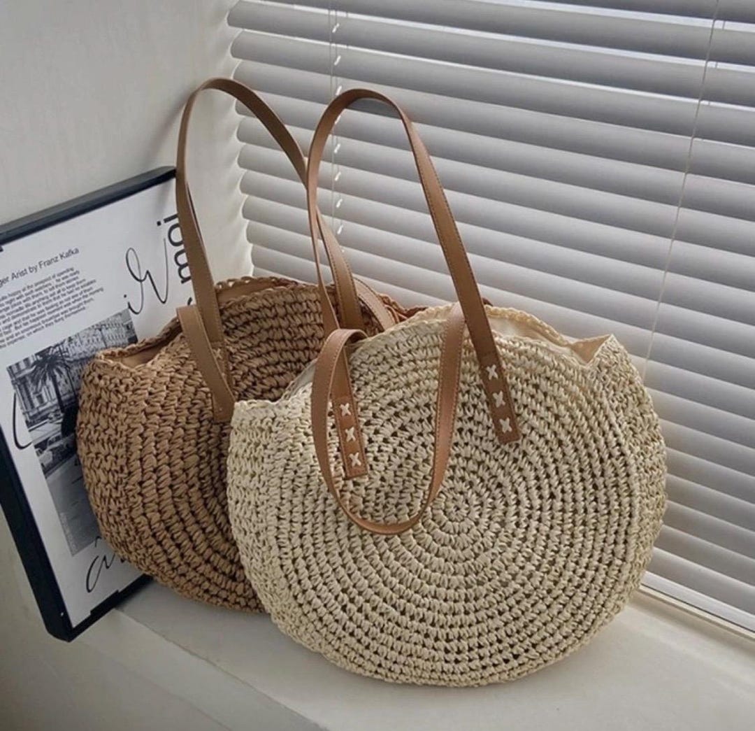 Large Woven Natural Beach Bag – Round Straw Tote With Leather Straps ...