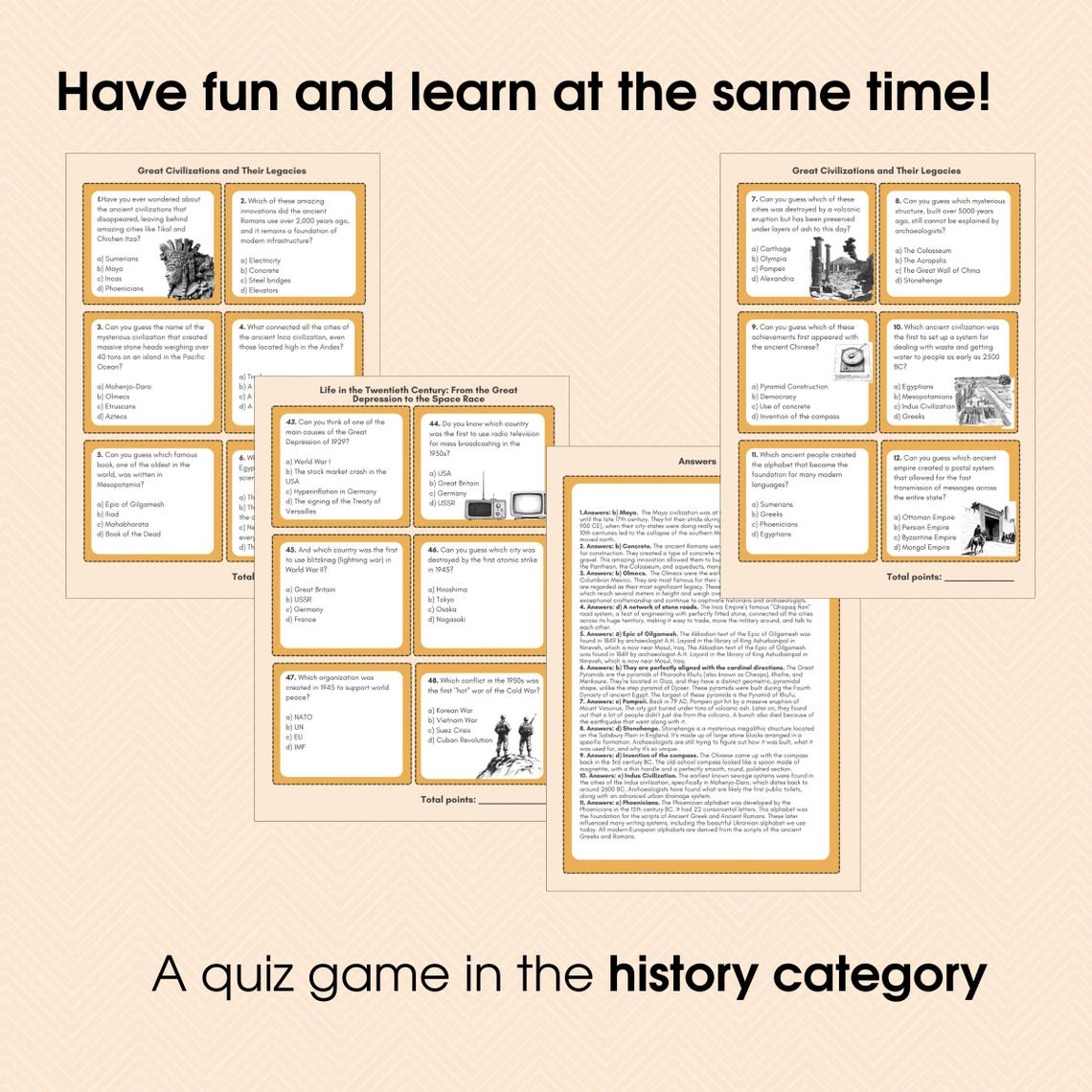 Printable History Trivia Card Game/ 70+ Educational Questions With ...