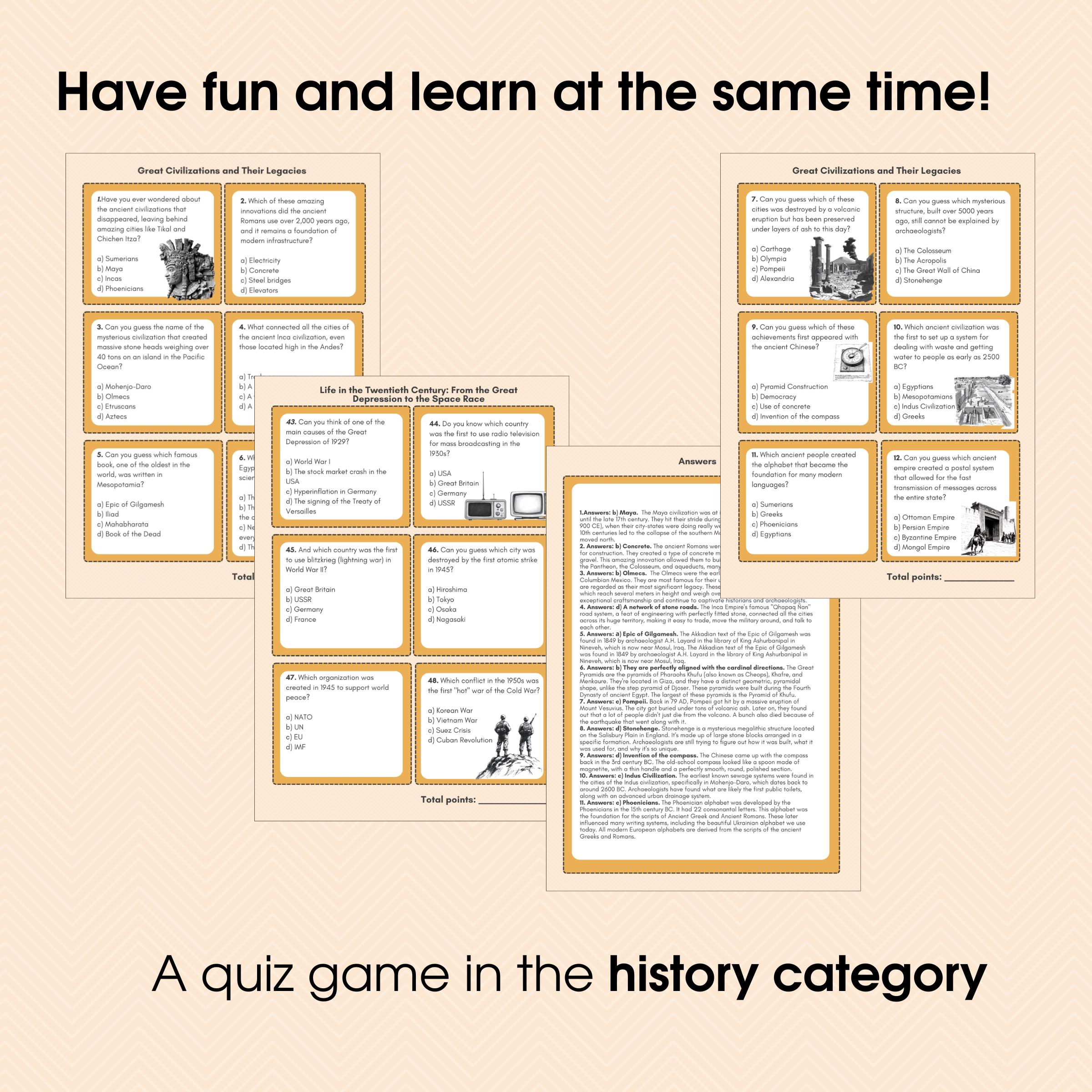 Printable History Trivia Card Game/ 70+ Educational Questions With ...