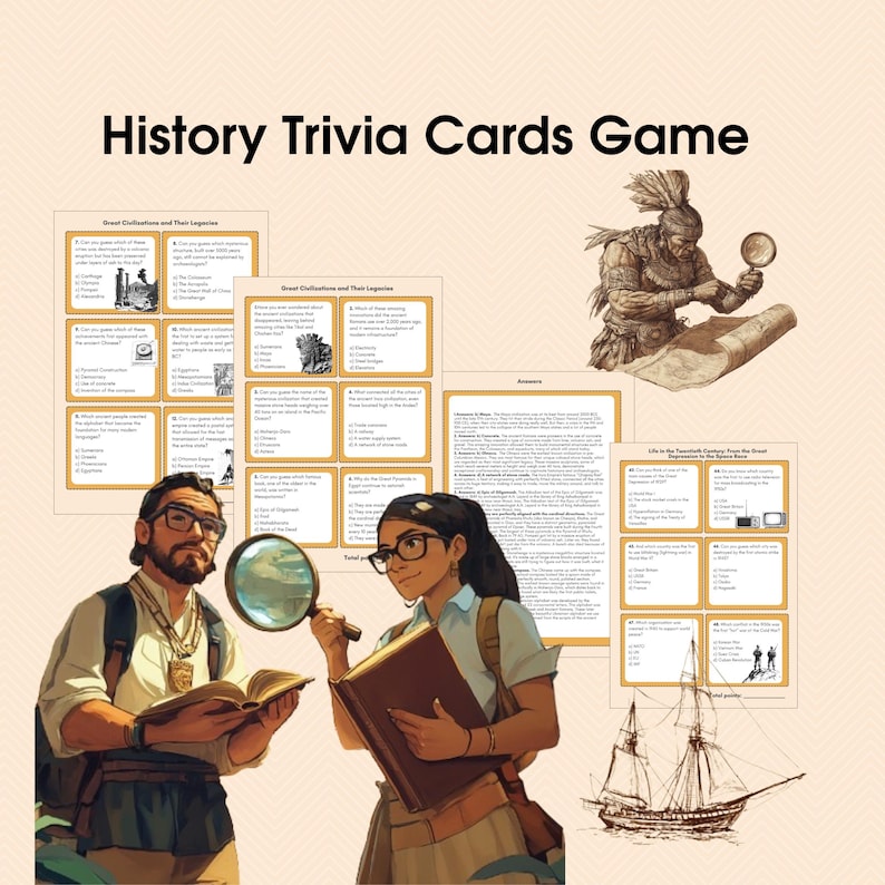 Printable History Trivia Card Game/ 70+ Educational Questions With ...