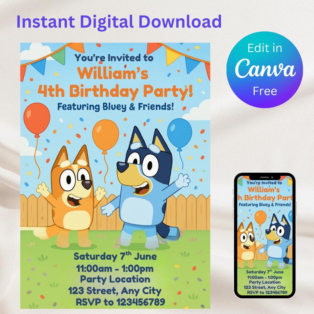Bluey Birthday Party Invitation Template - Editable Digital Invite ...