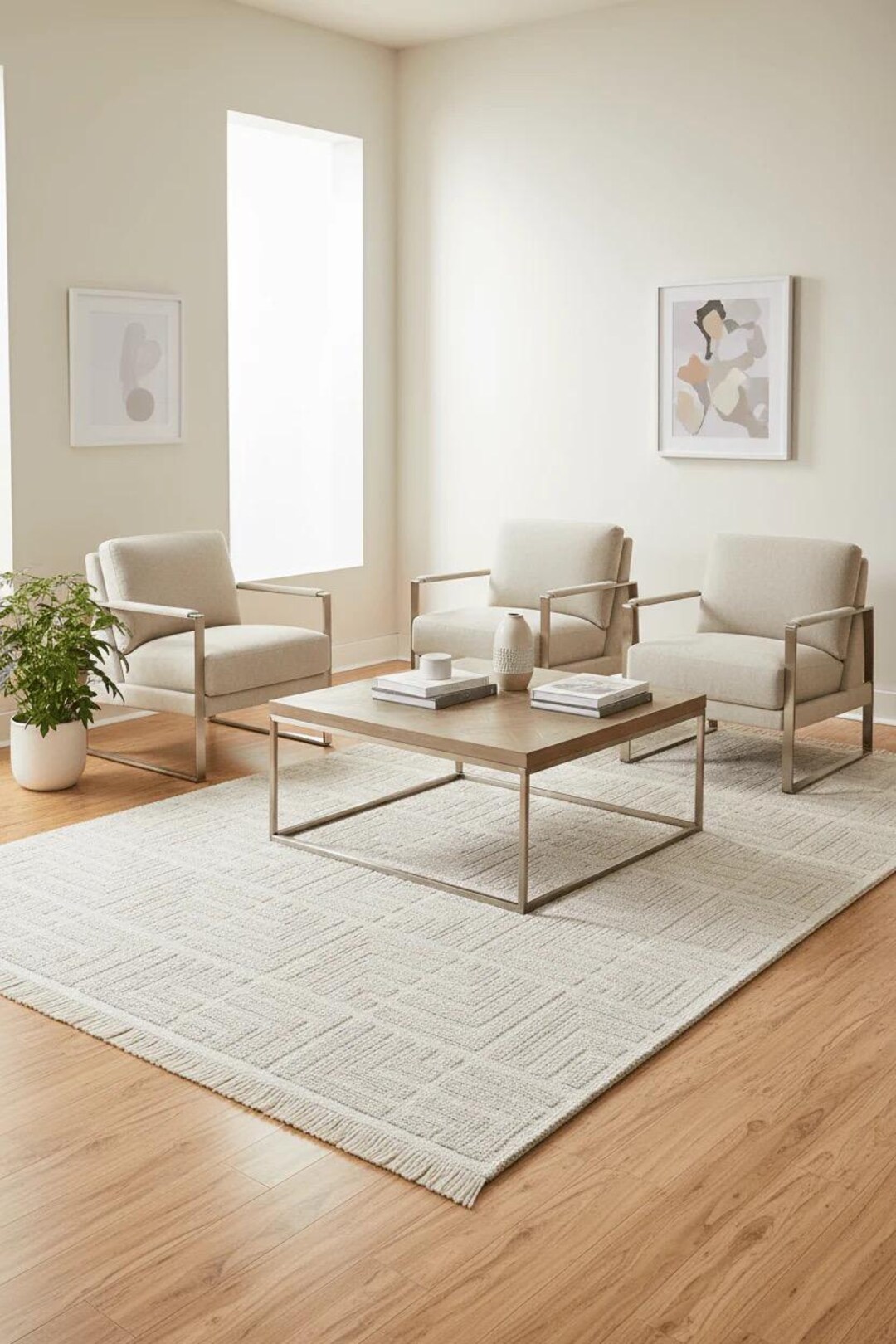 Beige Patterned Curl and Fringed Rug – Modern Rustic Living Room Carpet ...
