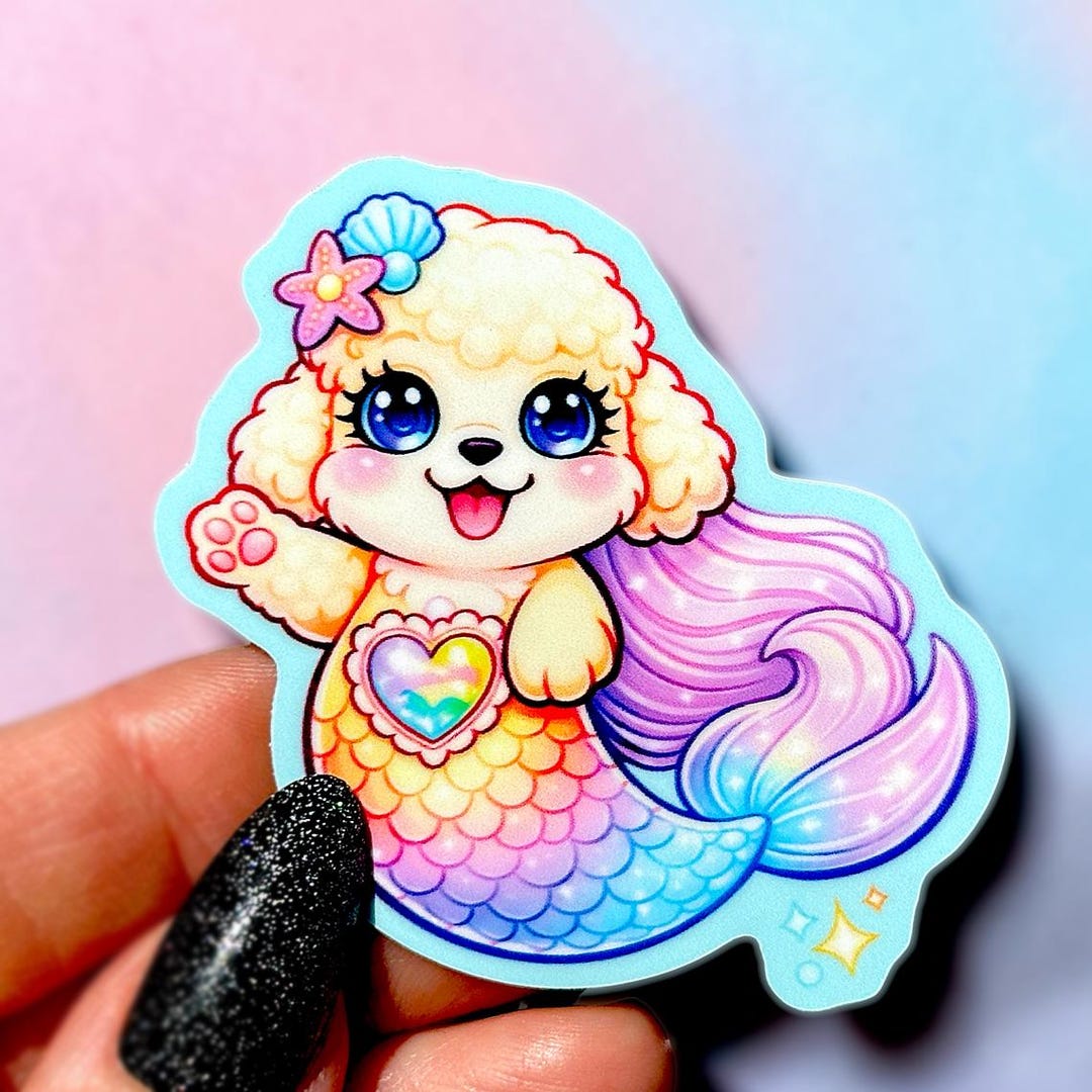 Mermaid Sticker Poodle Rainbow, Cute Kawaii Animal Vinyl Decal, Dog ...
