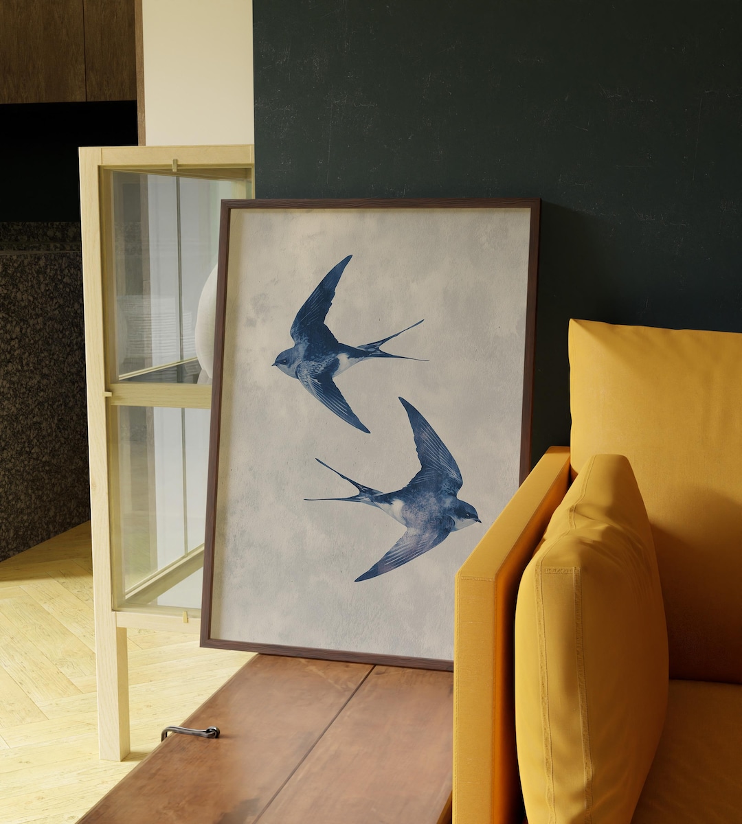 Vintage Swallow Bird Wall Art Print, Blue Minimalist Nature ...