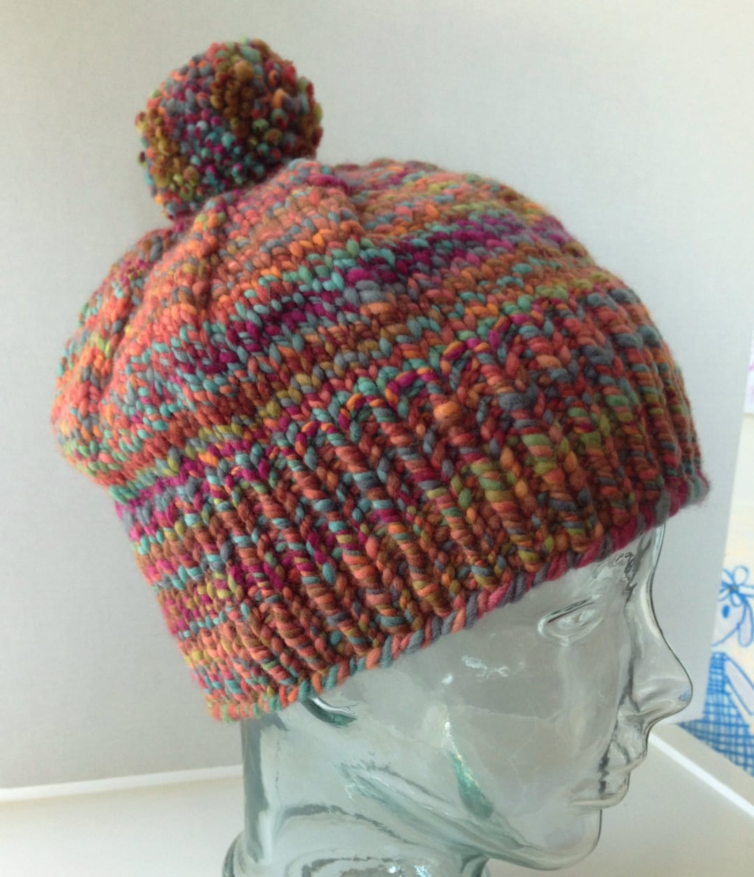Handknit Hat Ribbed Brim Beanie Stocking Cap W/pompom - Medium Sz ...