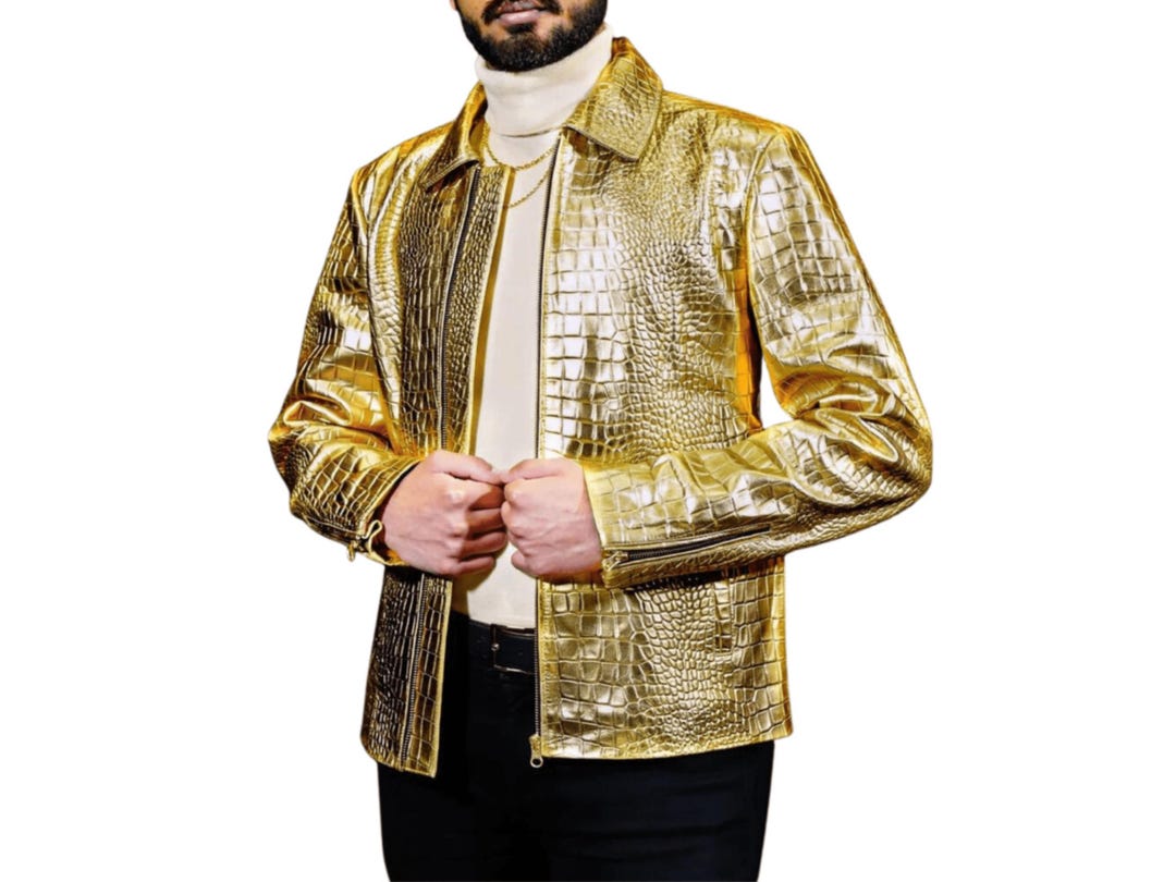 Men's Gold Embossed Leather Jacket - Metallic Gold Leather Jacket ...
