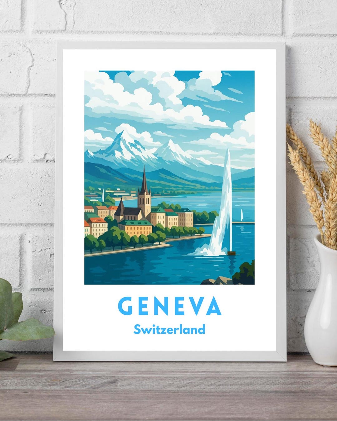 Geneva Switzerland Print: Vintage Travel Poster, Jet D’eau & Swiss Alps ...