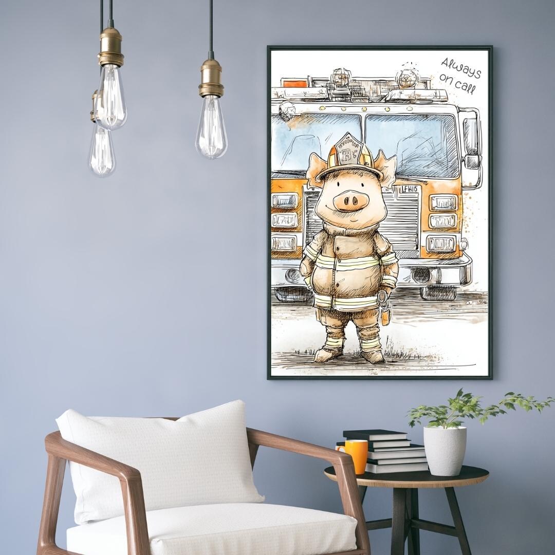 Cute Pig Art | Firefighter Pig Wall Art | Potbelly Pig Poster | Rescue ...