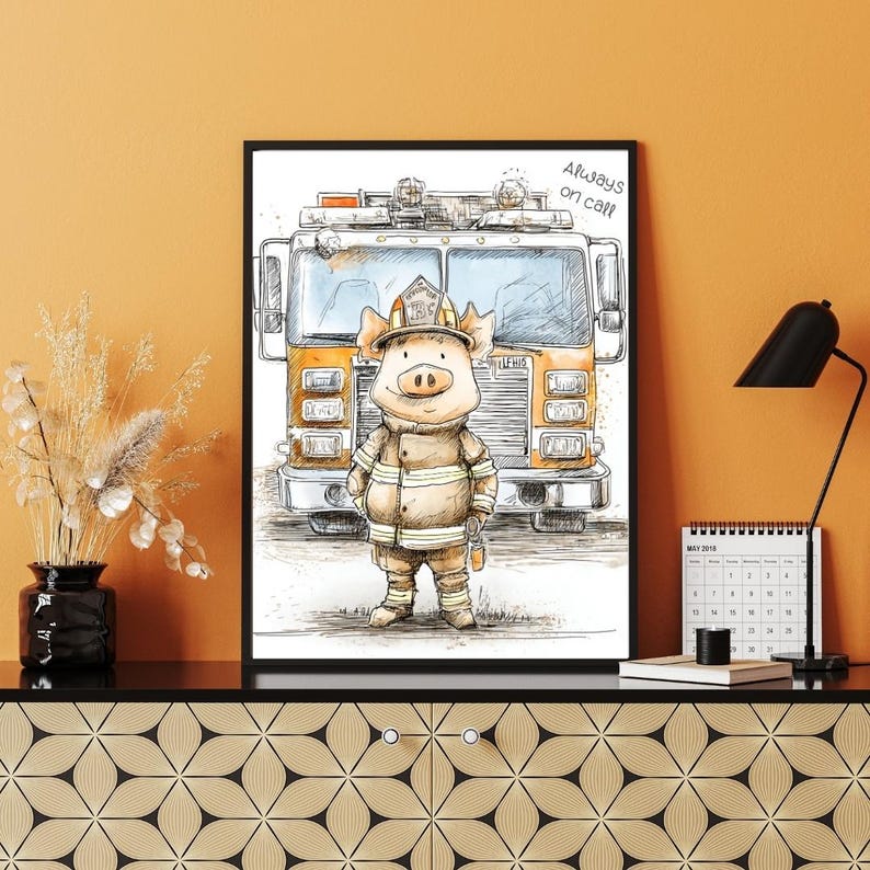 Firefighter Pig Art Print: Quirky Rescue Hero Parody (digital Download ...