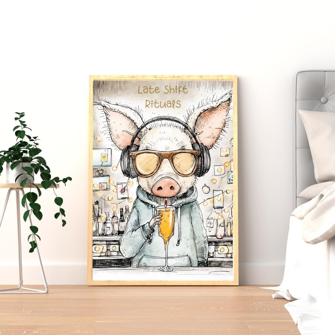 Late Shift Pig Poster | Cocktail Pig Art | Cartoon Piglet | Night Owl ...