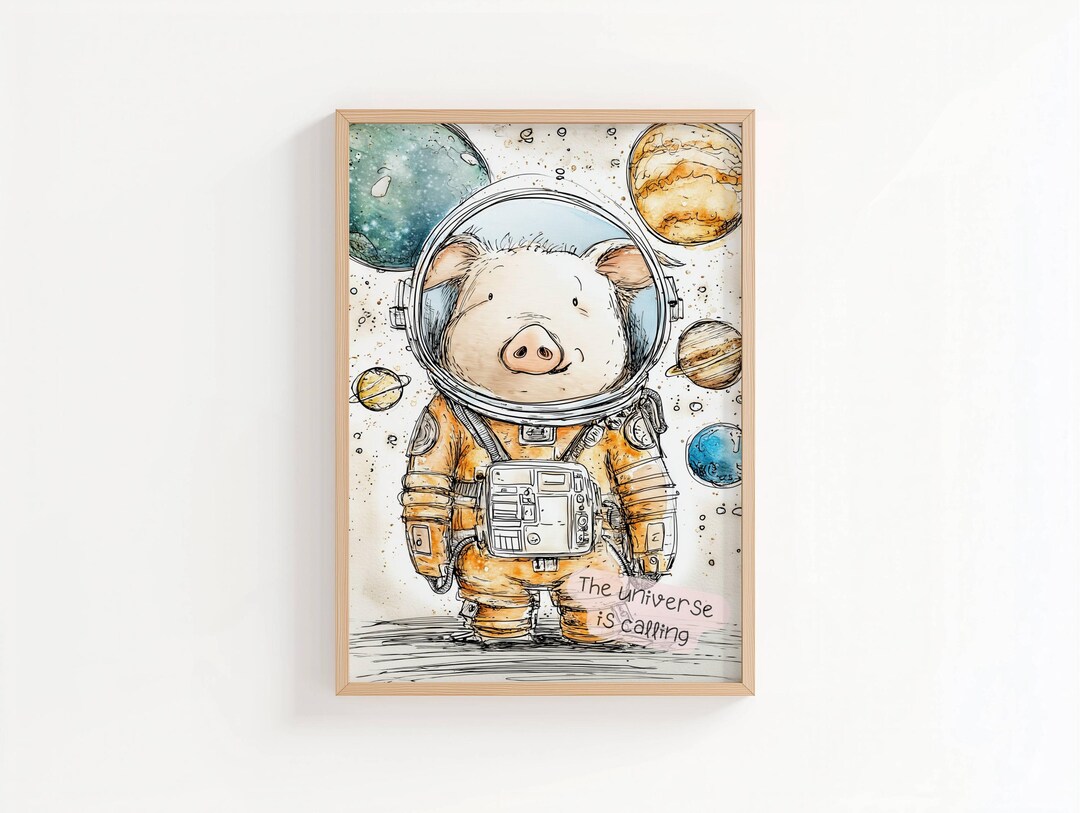 Pig in Space Print: Whimsical Potbelly Pig, Cosmic Nursery Art (digital ...