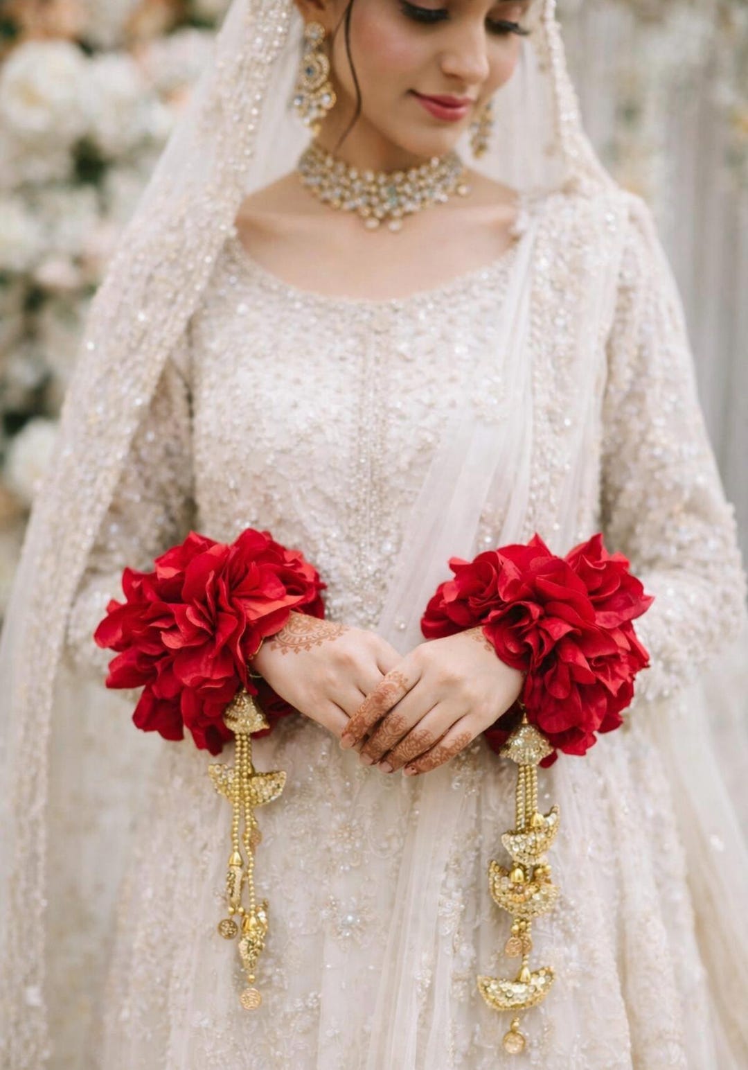 Red Velvet Bridal Gajra | Gold Bells, Pakistani Wedding Hand Accessory ...