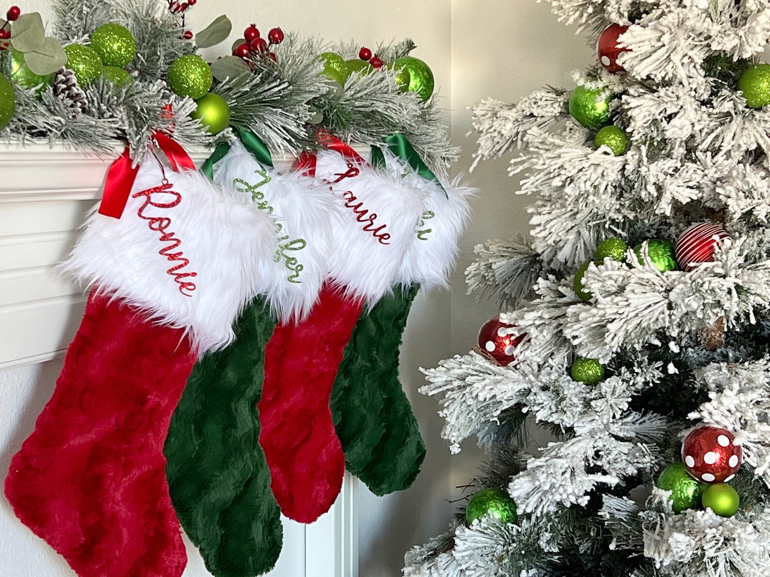 Red and Green Christmas Stocking, Traditional Xmas Decor, Personalized ...