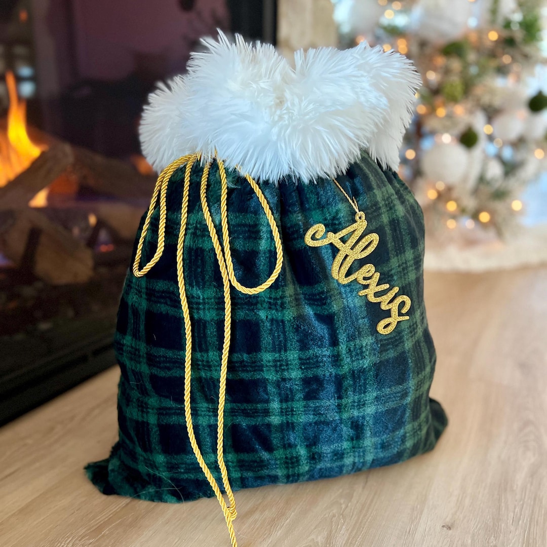 Green Fur Santa Sack, Gift Bag for Presents, Green Plaid Fur ...