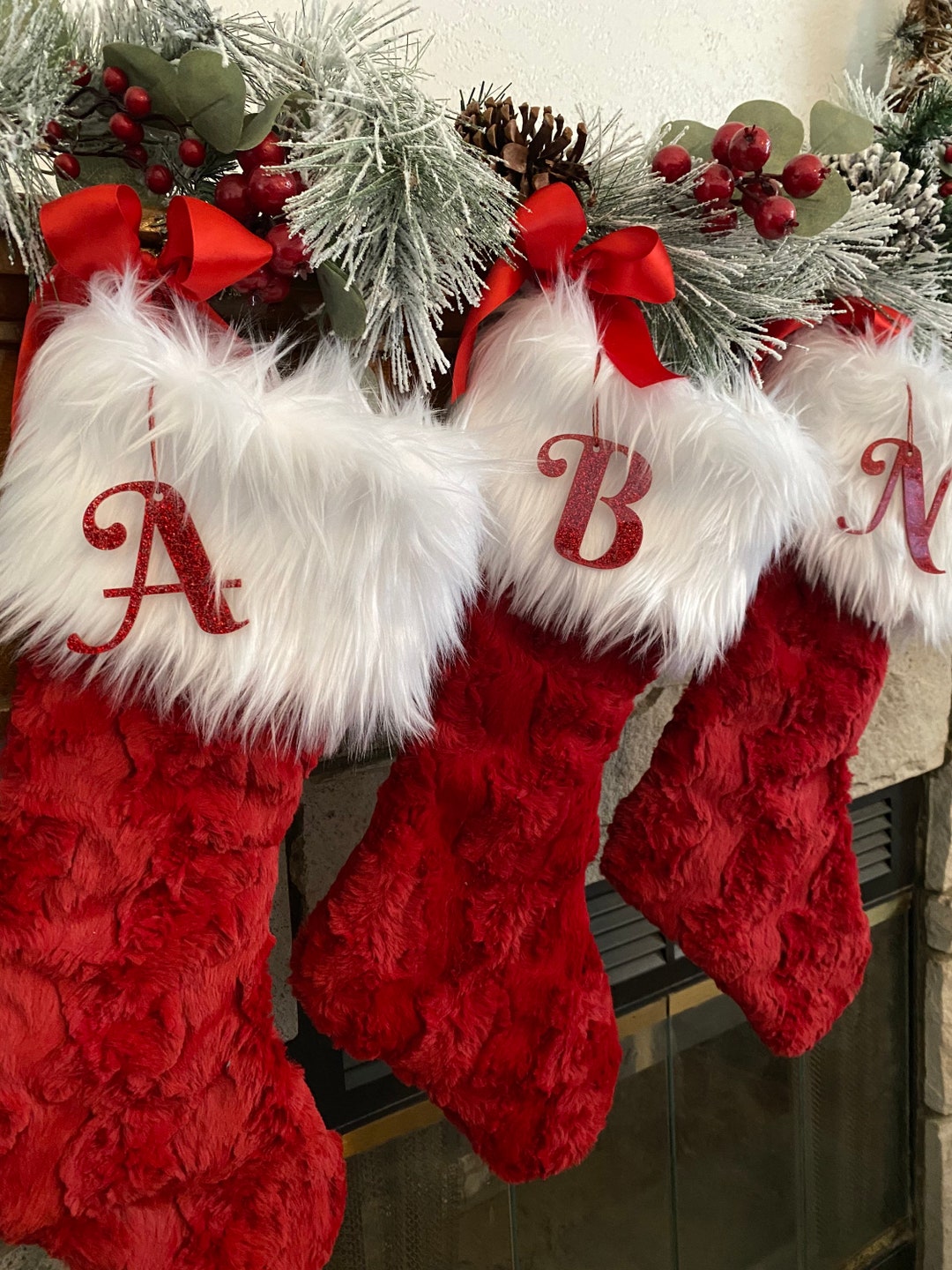 Cardinal Red Christmas Stocking, Faux Fur Xmas Decor, Sparkle Initial ...