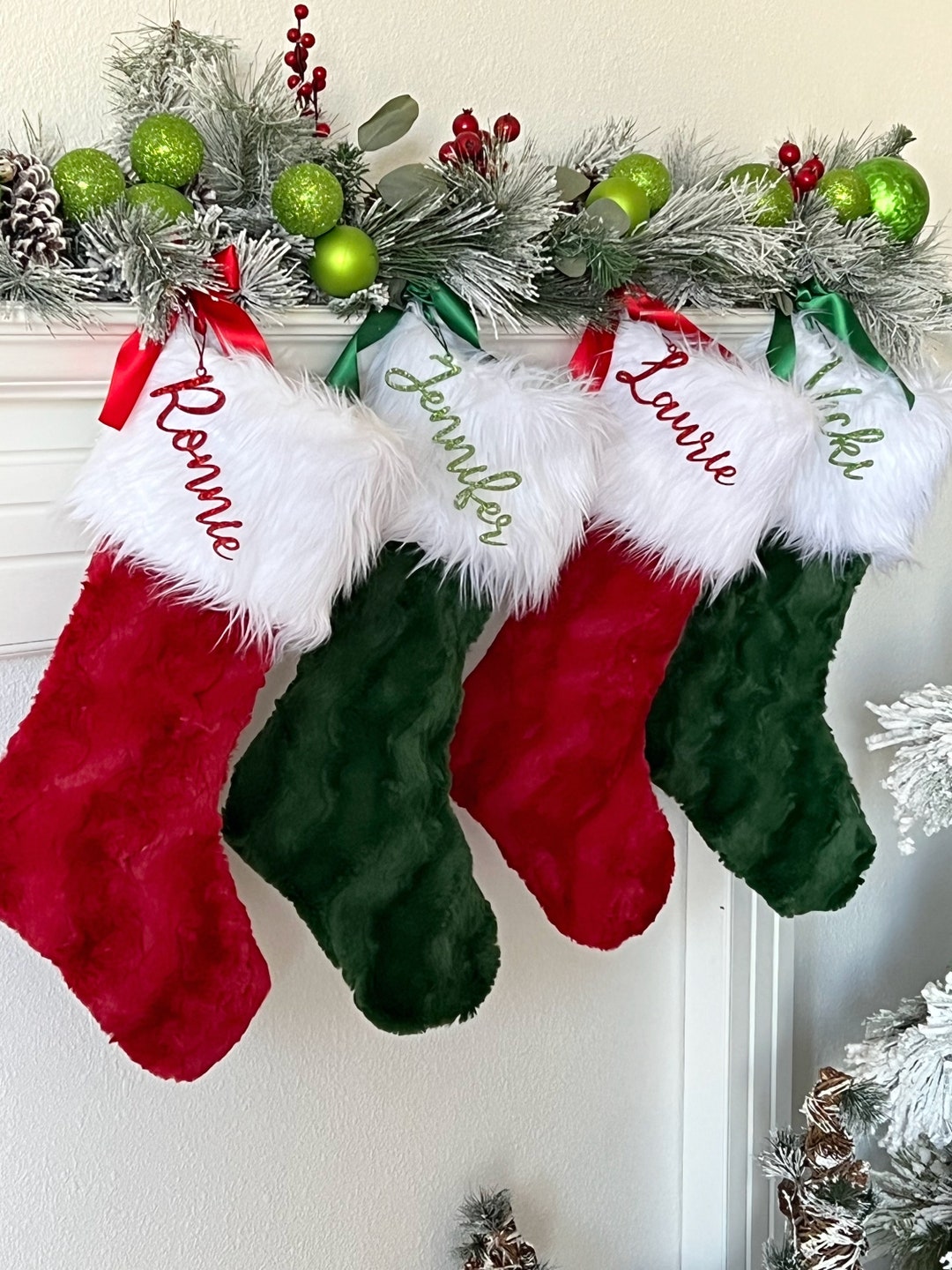 Red and Green Christmas Stocking, Traditional Xmas Decor, Personalized ...