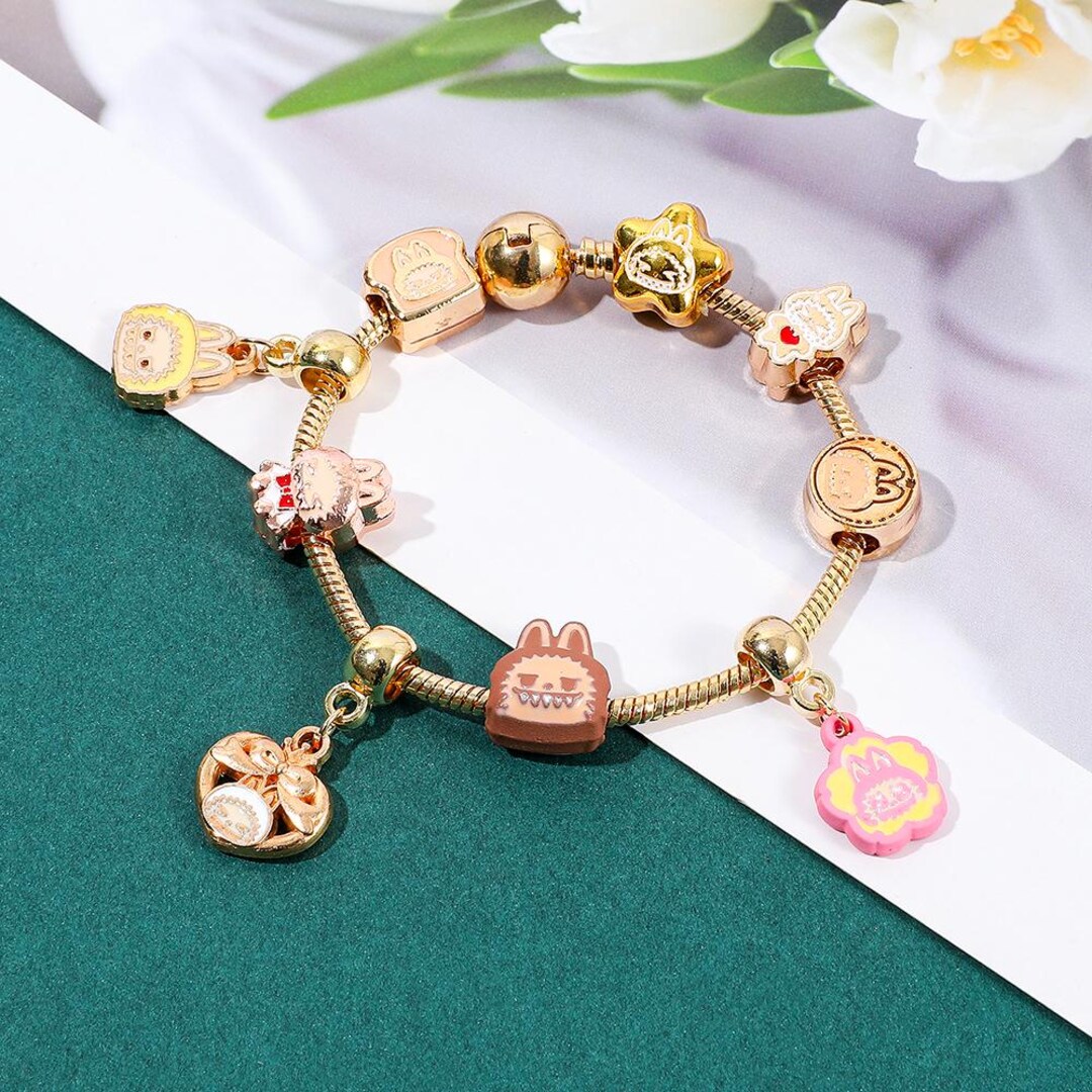 Labubu Charm Bracelet: Gold Beaded Kawaii Jewelry - Etsy