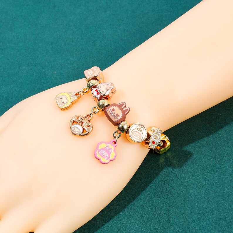 Labubu Charm Bracelet: Gold Beaded Kawaii Jewelry - Etsy