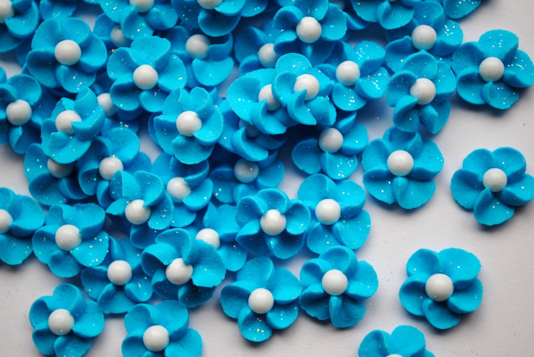 Royal Icing Flowers in Sparkling Sky Blue With White Sugar Pearl ...