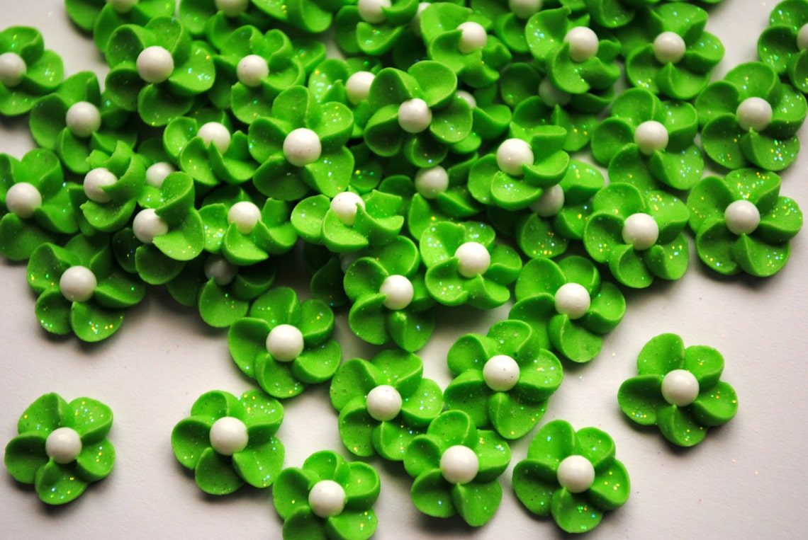 Spring Green Sparkling Royal Icing Flowers With White Sugar | Etsy