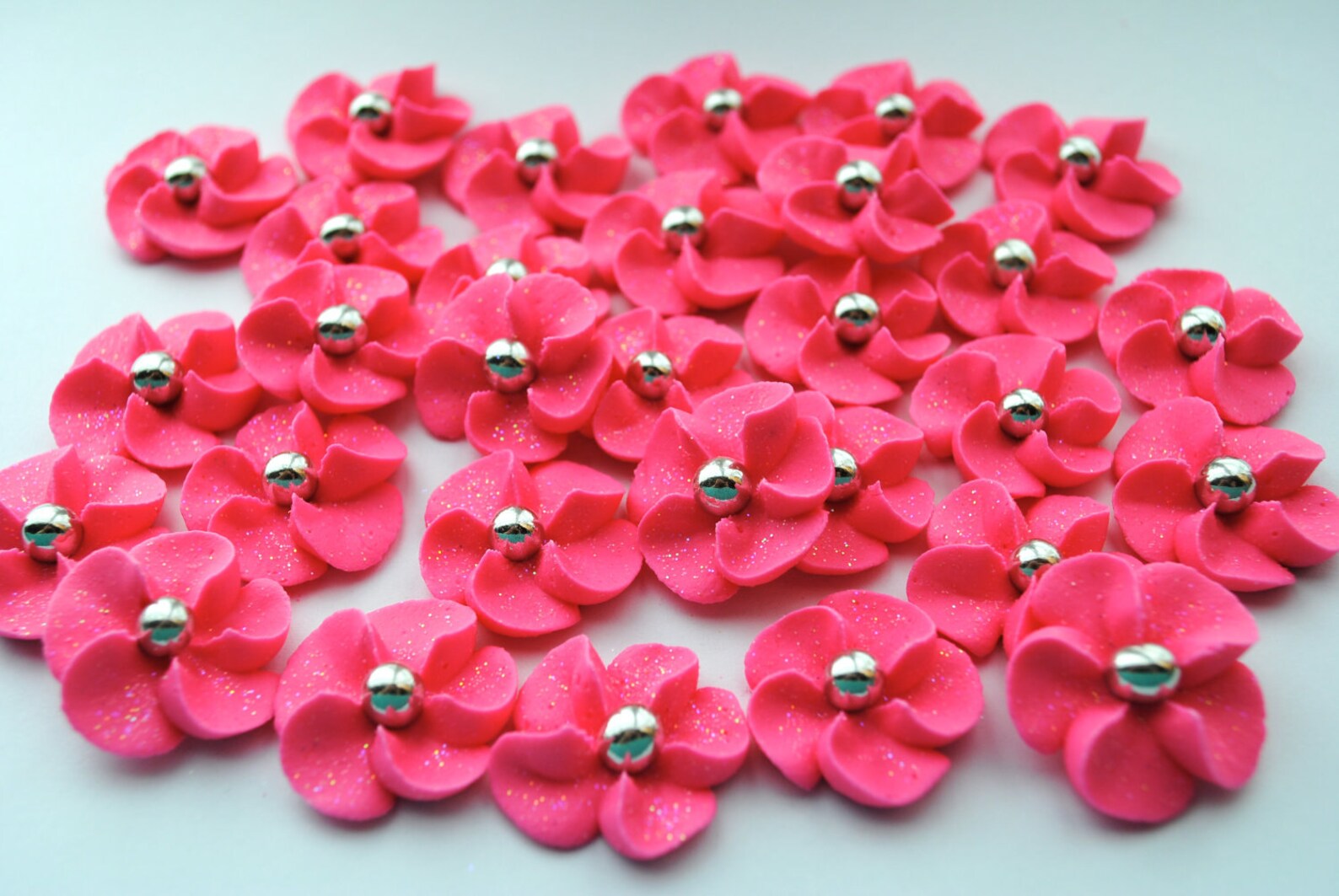 Hot Pink Royal Icing Sugar Flowers With Sparkles and a Silver - Etsy