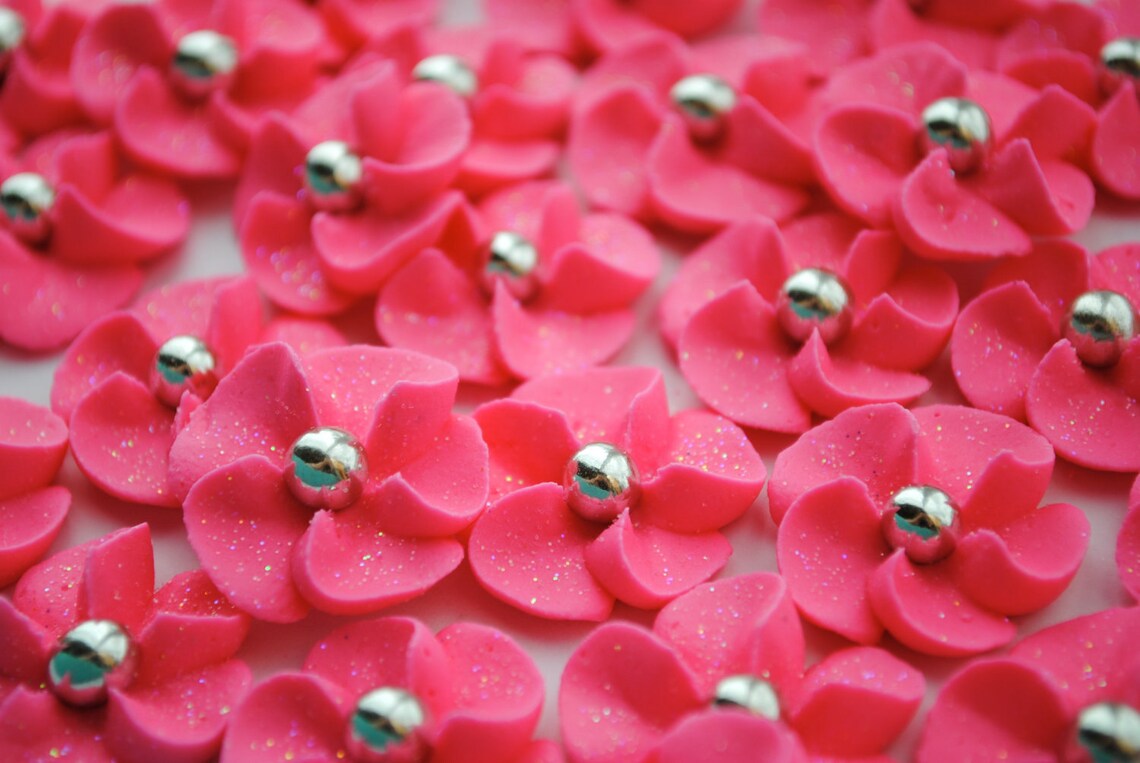 Hot Pink Royal Icing Sugar Flowers With Sparkles and a Silver - Etsy