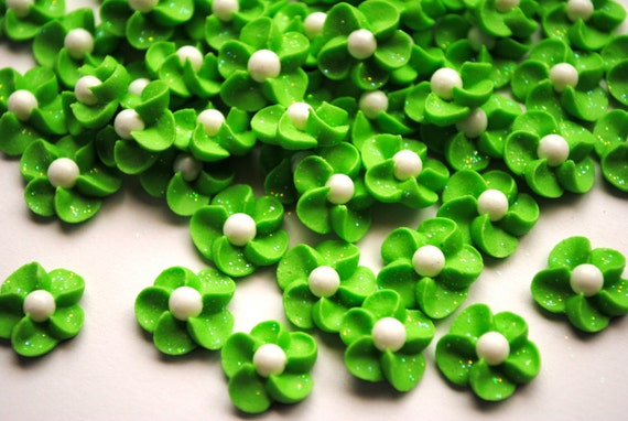 Spring Green Sparkling Royal Icing Flowers With White Sugar | Etsy