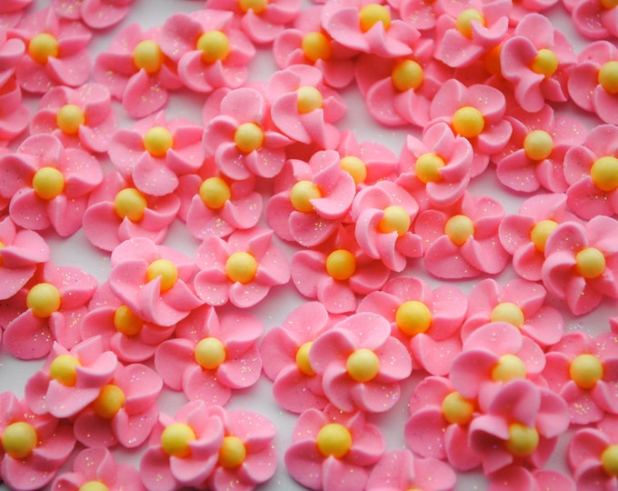 50 Handmade Pink Sparkling Royal Icing Flowers With Yellow Matte Sugar ...