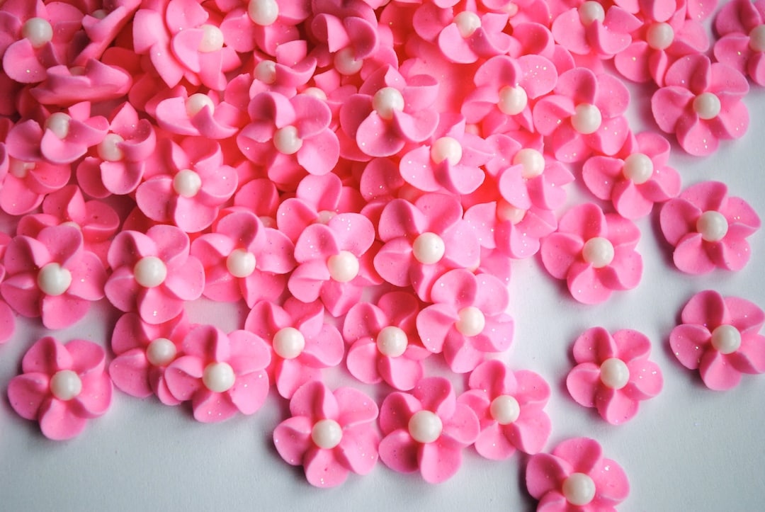 Pink Royal Icing Flowers With Sparkles and White Matte Sugar Pearl ...